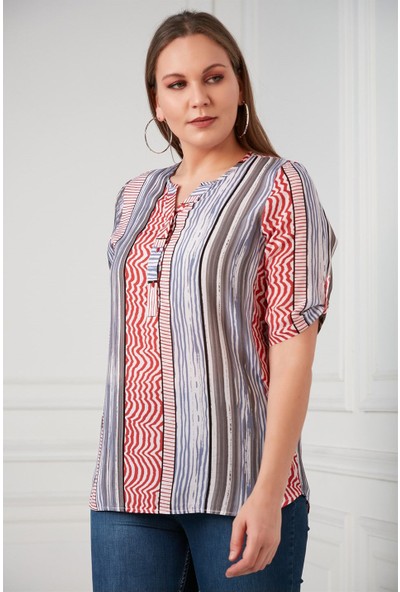 Rmg Çizgi Detaylı Büyük Beden Bayan Bluz