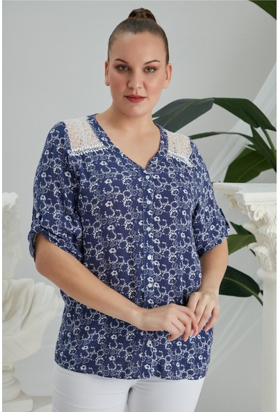 Rmg Omuzları Dantel Detaylı Büyük Beden Bluz