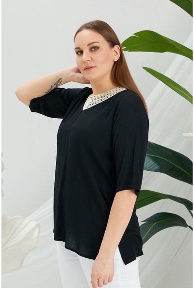 Rmg Dantel Detaylı V Yaka Büyük Beden Kadın Bluz