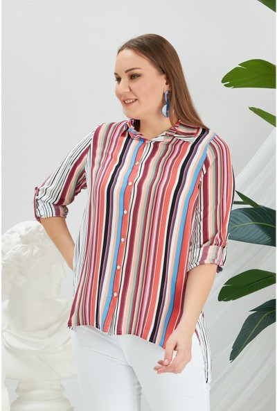 Rmg Çizgili Büyük Beden Bayan Gömlek