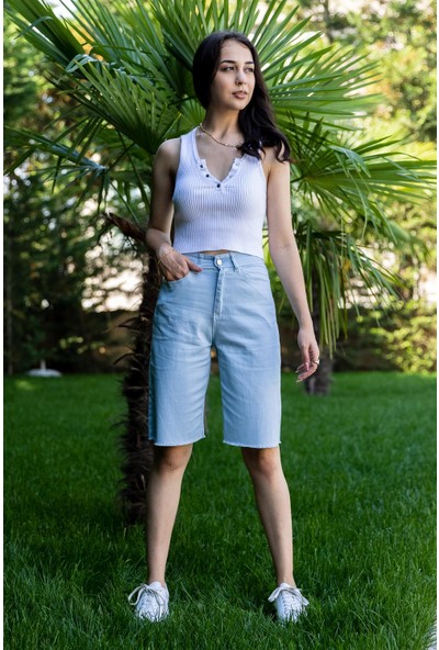 Lars Butik Kadın Mavi Diz Üstü Yumuşak Kot Şort