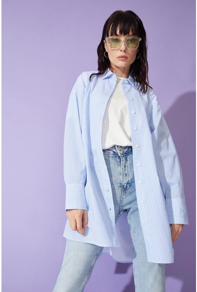 Defacto Çizgili Relax Fit Poplin Gömlek Tunik V0740AZ21SM