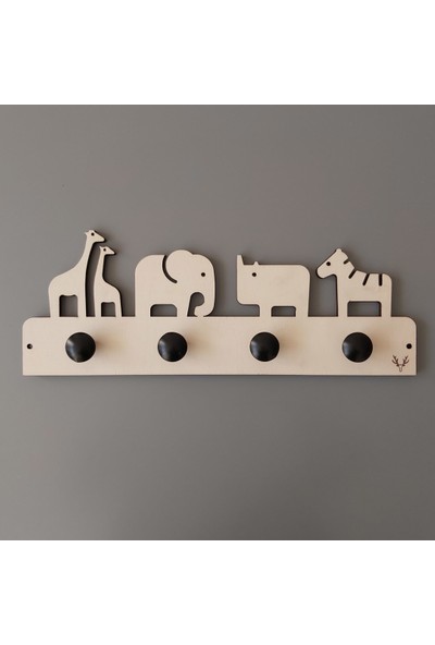 Wodan Design Çocuk Odası Ahşap Safari Askı - Siyah Kulplu