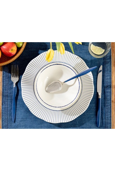 English Home Clover Stripe Porselen Çorba Kasesi 16 cm Beyaz - Mavi