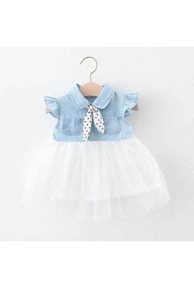 Perlina Beyaz Tül Detaylı Mavi Elbise