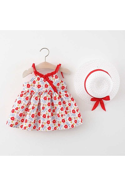 Little Honey Bunnies Kırmızı Askı Detaylı Çiçek Elbise ve Şapka 2'li Set