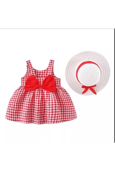 Little Honey Bunnies Kırmızı Fiyonk Detaylı Ekose Elbise ve Şapka 2'li Set Little Honey Bunnies Kırmızı Fiyonk Detaylı Ekose Elbise ve Şapka 2'li Set