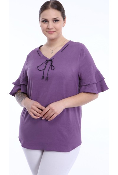 Piano Luce Kadın Büyük Beden Volanlı Kol Bluz Lila L2319 Piano Luce Kadın Büyük Beden Volanlı Kol Bluz Lila L2319