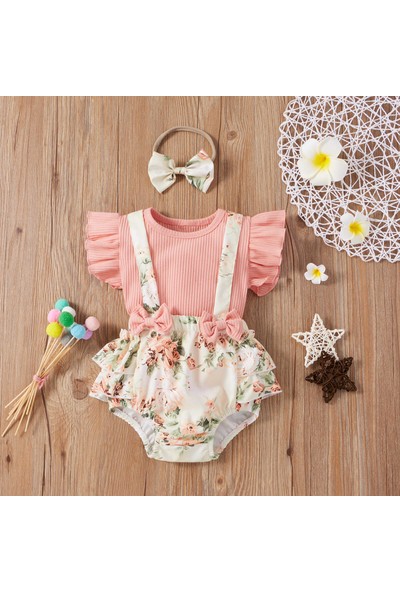 Little Honey Bunnies Pembe Tshirt,beyaz Çiçek Desenli Salopet ve Saç Bandı 3'lü Set