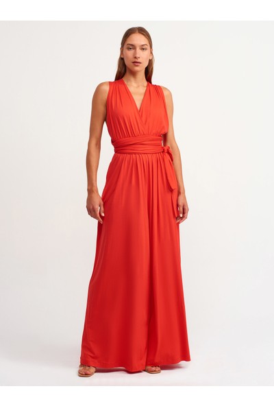 Dilvin 7956 Boyundan Bağlamalı Tulum-Kırmızı