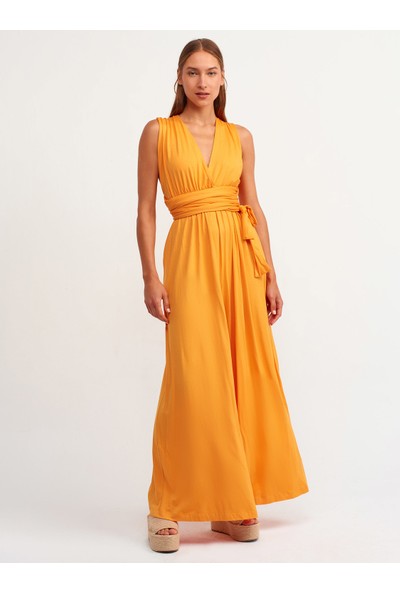 Dilvin 7956 Boyundan Bağlamalı Tulum-Turuncu