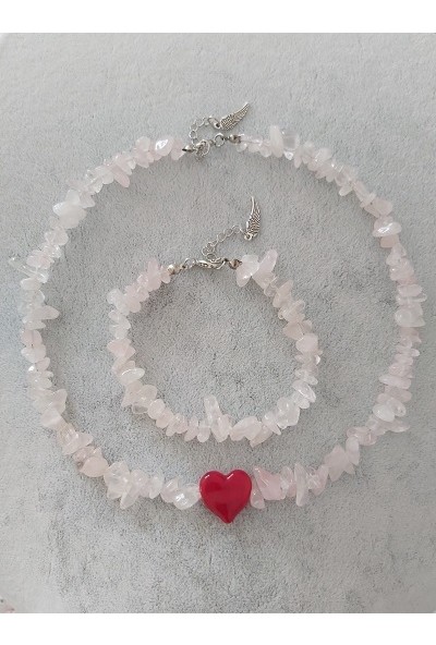 Hera Takı Atölyesi Pembe Kuvars Doğal Taş Kolye & Bileklik