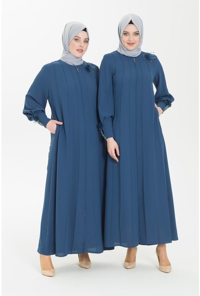 Beyza Elit-21 Yaka Çiçekli Parçalı Siyah Ferace