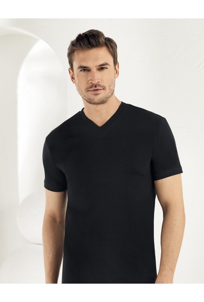 Şahinler Erkek Siyah Kısa Kollu V Yakalı Penye Atlet ME011