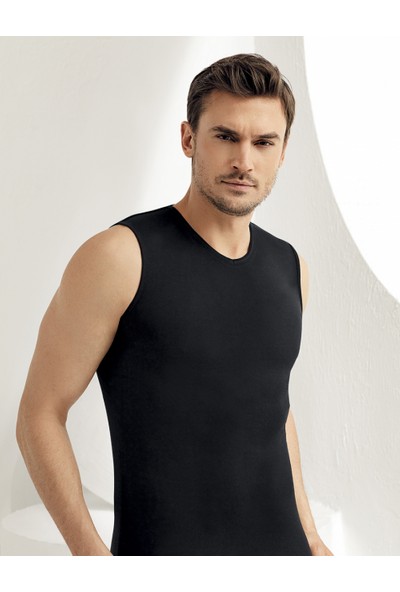 Şahinler Erkek Siyah Sıfır Kollu V Yakalı Likralı Atlet ME079