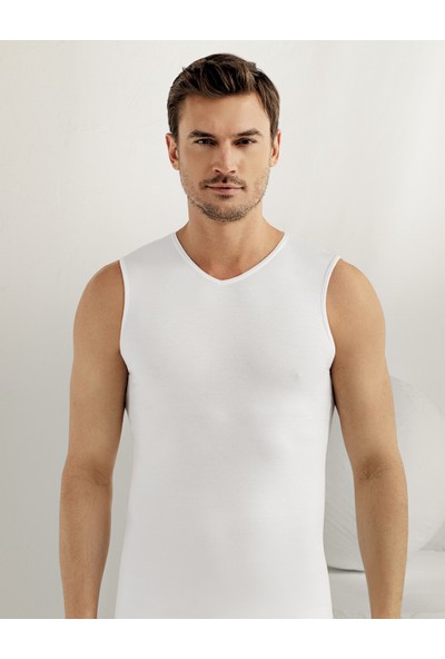 Şahinler Erkek Beyaz Sıfır Kollu V Yakalı Likralı Atlet ME078
