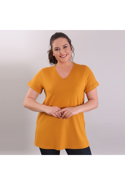 TREND42PLUS V Yaka Basic Hardal Büyük Beden Bluz