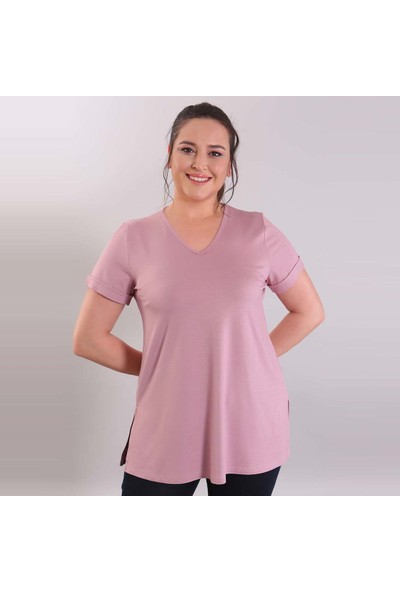 TREND42PLUS V Yaka Basic Lila Büyük Beden Bluz