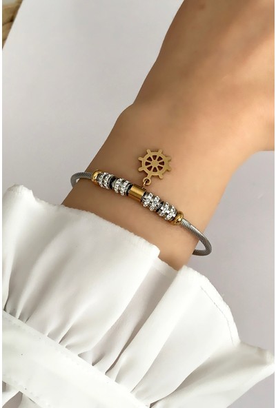 ÇLK Accessories Çelik Gümüş-Gold Dümen Figür Dümen Figür Mıknatıs Çelik Bileklik