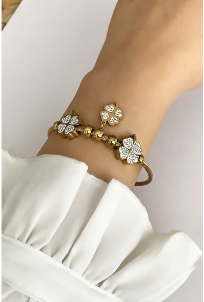 ÇLK Accessories Çelik Gold 3 Boyut Yonca Figür Çelik Bileklik