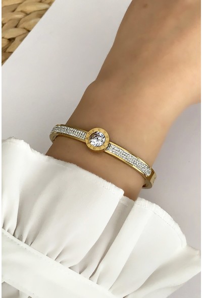 ÇLK Accessories Çelik Gold Kelepçe Bileklik Zirkon Taşlı Çelik Bileklik