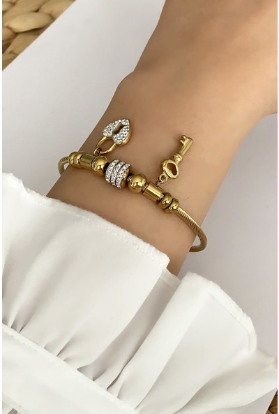 ÇLK Accessories Çelik Gold Kalp-Anahtar Figür Mıknatıs Çelik Bileklik