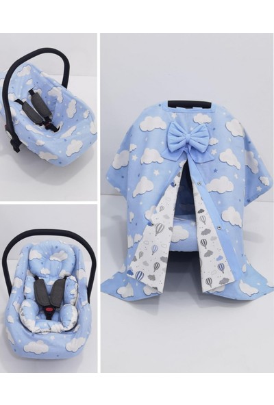 Mordesign Panço Stil Bulut Puset Minder, Örtü ve Çarşaf 3' lü Set Mavi