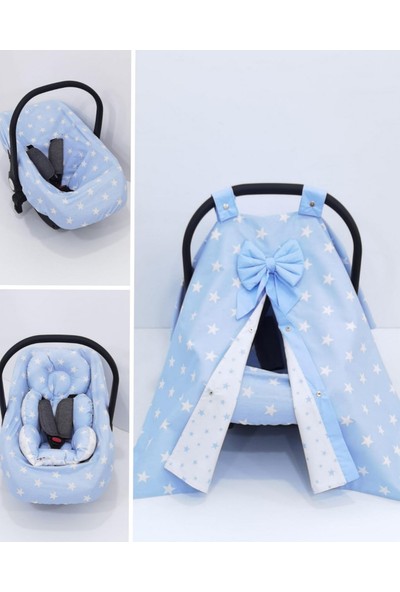 Mordesign Askı Stil Yıldız Puset Minder, Örtü ve Çarşaf 3' lü Set Mavi