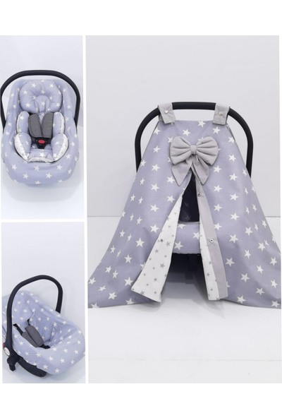 Mordesign Askı Stil Yıldız Puset Minder, Örtü ve Çarşaf 3' lü Set Gri