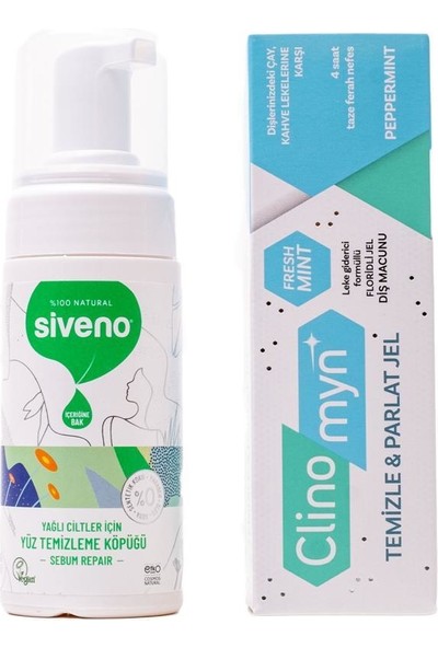 Siveno Yağlı Ciltler Için Yüz Temizleme Köpüğü 100 ml + Clinomyn Fresh Temizle Parlat Jel Diş Macunu 75 ml Siveno Yağlı Ciltler Için Yüz Temizleme Köpüğü 100 ml + Clinomyn Fresh Temizle Parlat Jel Diş Macunu 75 ml