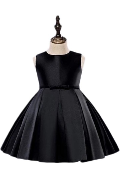 Masho Trend Siyah Parlak Kumaş Kurdelalı Kız Çocuk Mezuniyet Elbisesi - Mezuniyet Kıyafeti - Abiye