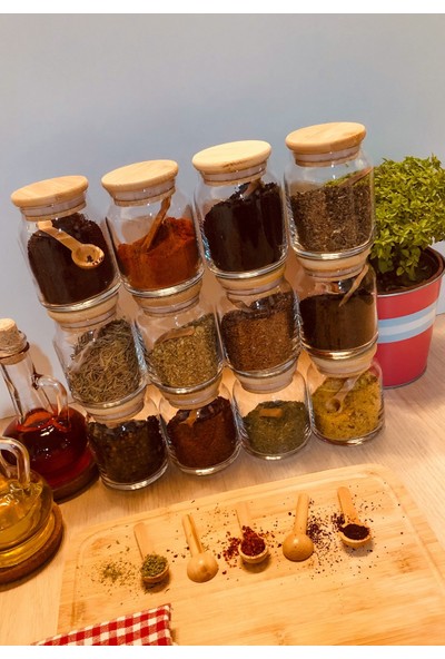 Karçiçeği Home Bambu Kapaklı, Kaşıklı 12'li Lüx Baharat Takımı