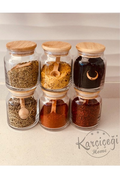 Karçiçeği Home 6'lı Bambu Kapaklı Kaşıklı Lüks Baharatlık Takımı