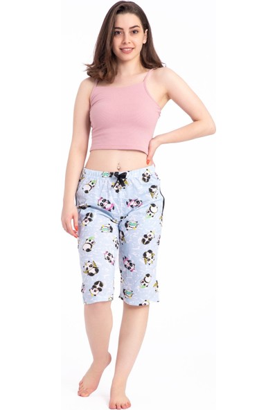 Pemilo Kadın 425 Panda Desenli Cepli Kapri Tek Alt Mavi
