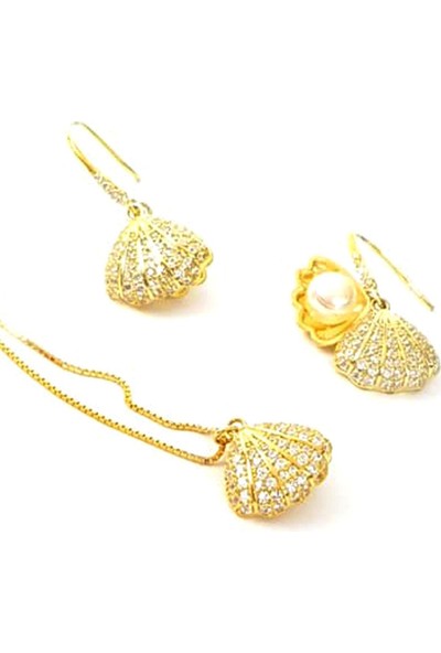 Ose Shop Pırlanta Işıltısında Zirkon Taşlı Incili Gümüş Üzerine Altın Kaplama Italyan Tasarımı Takı Seti