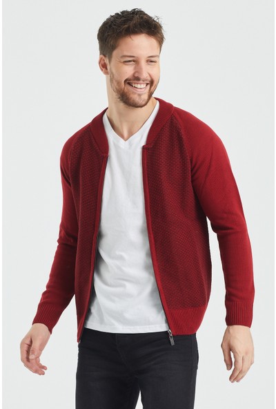 Tarz Cool Bordo Hakim Yaka Önü Fermuarlı Hırka- HRKCKTR01S