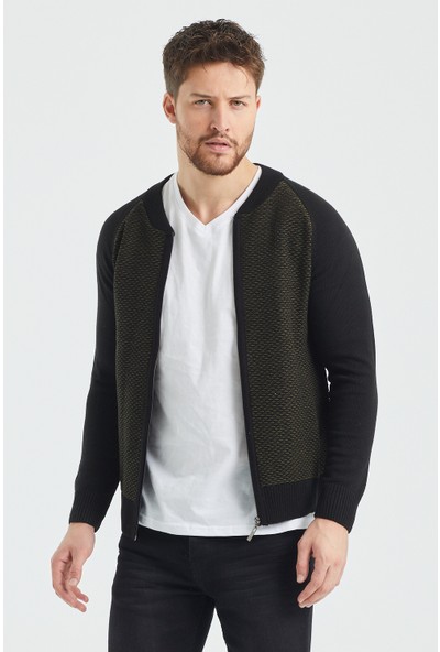 Tarz Cool Siyah-Haki Hakim Yaka Önü Fermuarlı Hırka- HRKCKTR03S