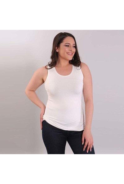 Geniş Askılı Basic Ekru Büyük Beden Bluz
