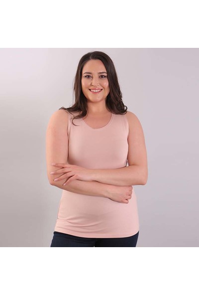 Geniş Askılı Basic Pudra Büyük Beden Bluz