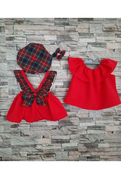 Moda Lina Kırmızı Ekose Bluz Şapka & Toka Set Moda Lina Kırmızı Ekose Bluz Şapka & Toka Set