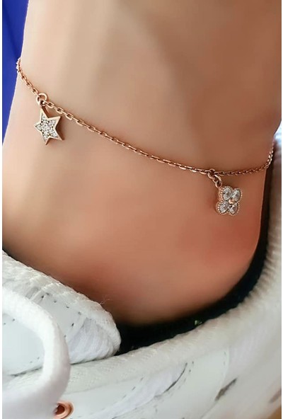 Ose Shop Yıldız ve Yonca Figürlü Zirkon Taşlı Gümüş Rose Halhal Ose Shop Yıldız ve Yonca Figürlü Zirkon Taşlı Gümüş Rose Halhal