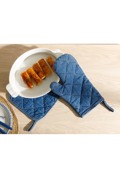 English Home Peggy Pamuk 2'li Mutfak Seti 20 x 20 - 19 x 30 cm. İndigo