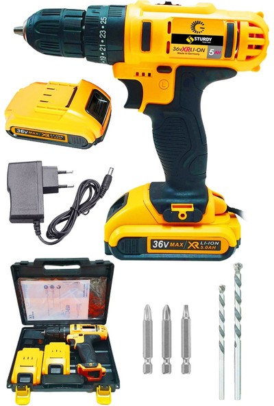 Sturdy Power Tools 36 Volt 5.0 Amper Çift Akülü 5 Parça Uç Setli Şarjlı Vidalama Matkap Sturdy Power Tools 36 Volt 5.0 Amper Çift Akülü 5 Parça Uç Setli Şarjlı Vidalama Matkap