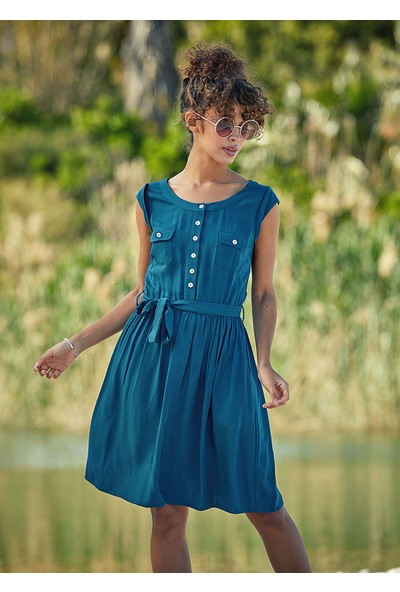 Clandestino Düğmeli Havuz Yaka Günlük Elbise Lacivert