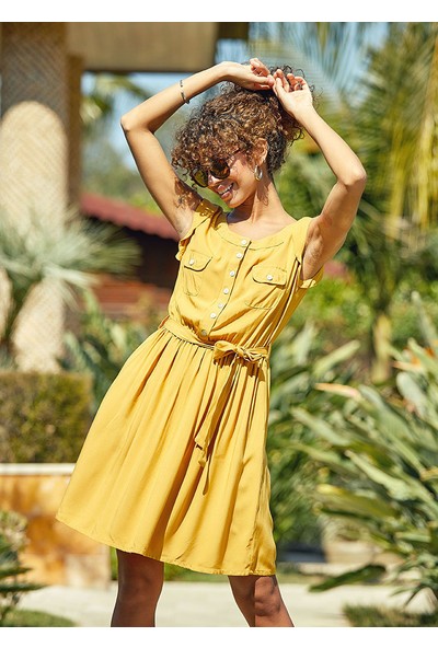 Clandestino Düğmeli Havuz Yaka Günlük Elbise Sarı