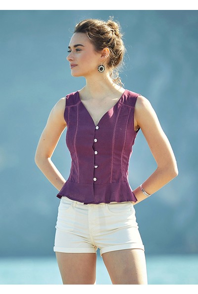 Clandestino Pamuklu V Yaka Kolsuz Düğmeli Bluz Mor