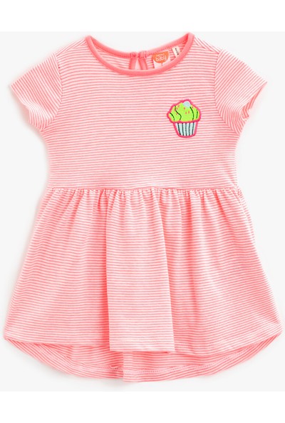 Koton Çizgili Elbise İşlemeli Pamuklu Bisiklet Yaka