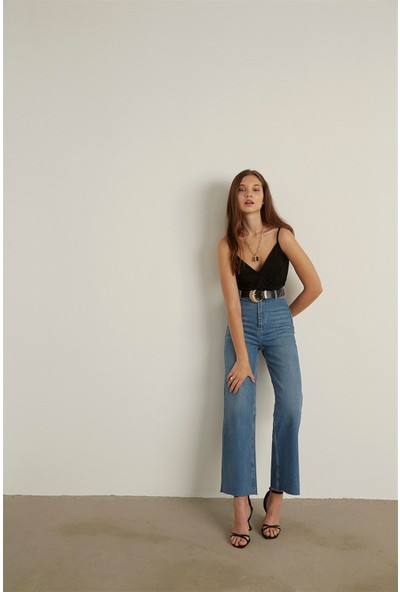 Vatkalı Flared Bol Paça Jean Mavi