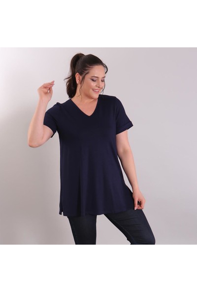 TREND42PLUS V Yaka Basic Lacivert Büyük Beden Bluz