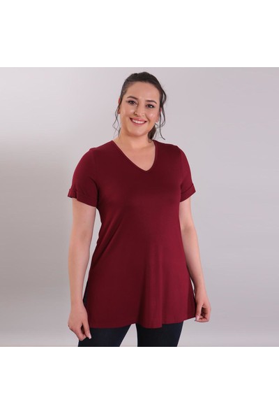 TREND42PLUS V Yaka Basic Bordo Büyük Beden Bluz